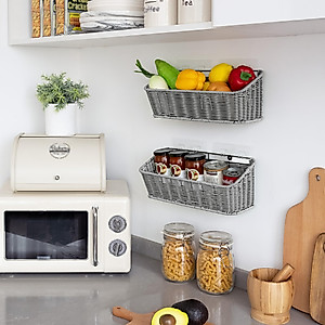 GRANNY SAYS Wicker Hanging Basket, 2 Pack Storage Baskets for Cabinet, Wall Mount Fruit Basket for Kitchen, Adhesive Bathroom Cabinet Organizer, Pantry Organizers and Storage, Gray