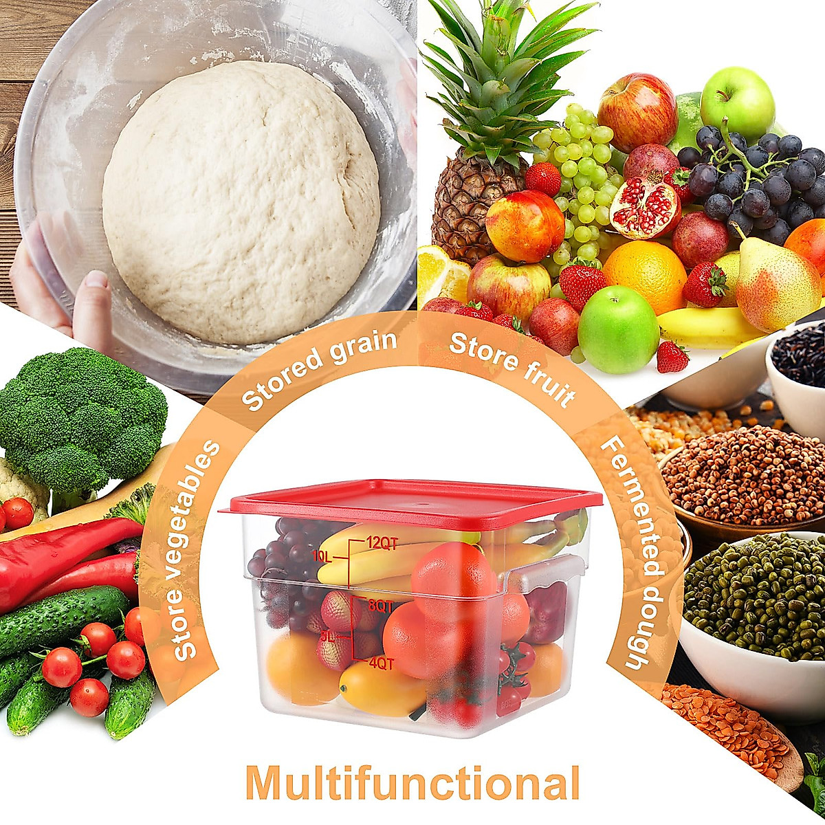 Ziliny 8 Pack Polycarbonate Square with Red Lids 12 Qt Food Storage Containers Commercial Airtight Clear Bucket Brining Food Container