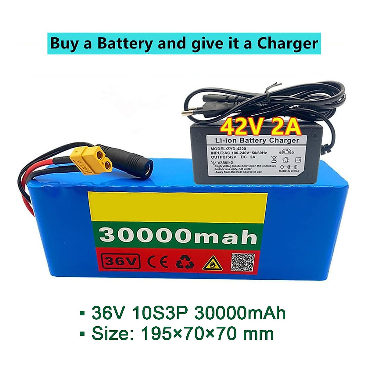 CSTAL 36V 30Ah 10S3P 500W Electric Bike Lithium Ion Battery Pack, with 42V 2A Charger + Discharge BMS, for 54.6V Electric Bicycle Scooter