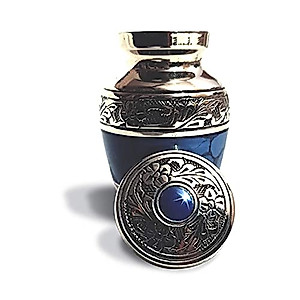 Small Keepsake Cremation Urn for Human Ashes with Velvet Heart Case and Funnel - Beautiful Peaceful Dark Blue Brass Hand Engraved Mini Memorial Urn