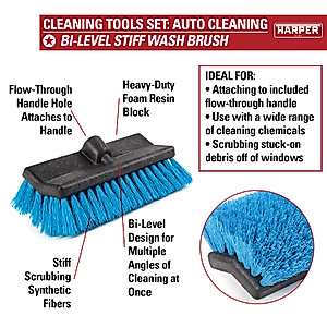 Harper 37518600 6-Piece Car Wash Brush Set with Telescoping Flow-Through Handle, (3) Brush Heads, (1) Soft Hand Brush and (1) Stiff Hand Brush