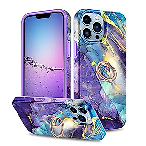Rancase Compatible with iPhone 13 Pro Max Case with Ring Stand [360°Rotatable Ring Holder] Durable Marble Shockproof Kickstand TPU Slim Bumper Girls Case for iPhone 13 Pro Max 6.7 inch,Purple