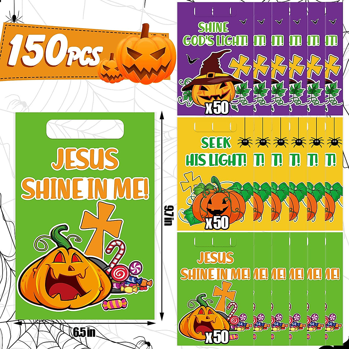 Hotop 150 Pieces Christian Pumpkin Plastic Bags Halloween Goody Bags for Sunday School Supplies Trick-or-treat Bags Church Bags Religious Halloween Party Decor