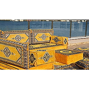 Yellow Traditional Floor Couch Set, L Shaped Sectional Sofas, Arabic Floor Sofa Set,Yoga Meditation Mat, Futon Sofa Bed (L Sofa + Rug + Poufs)