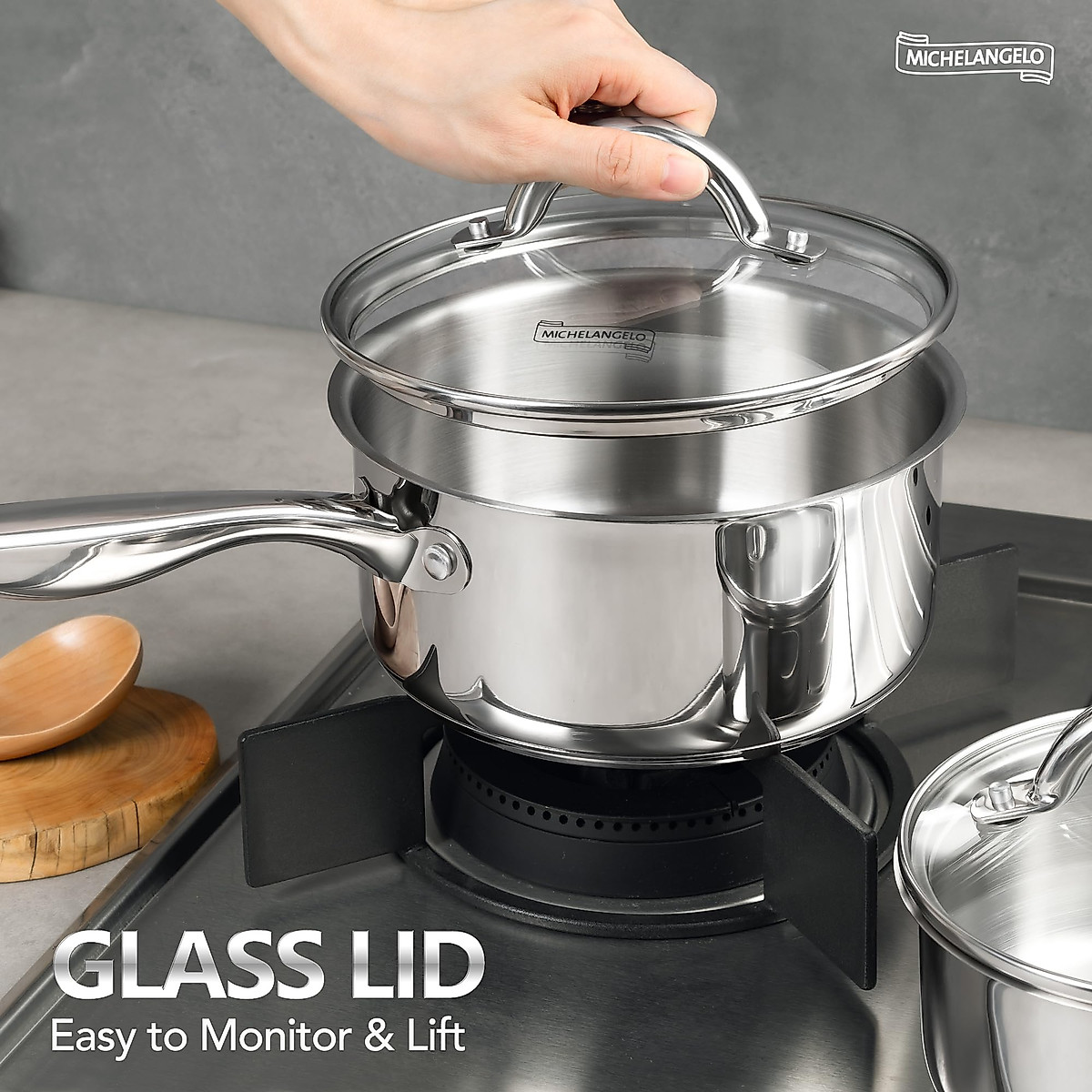 MICHELANGELO Saucepan Set 6pc, 18/10 Stainless Steel Sauce Pan with Lid, Tri-Ply Bottom Sauce Pot Set, Nonstick Saucepan, Induction Compatible, 1QT & 2QT &3QT