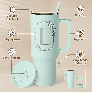 SANDJEST Stainless Steel Tumbler 40oz with Handle Initial K and Canvas Tote Bag