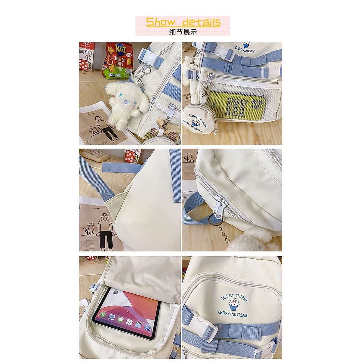 Aesthetic Backpack with Purse and Plushies Cute Kawaii Backpack with Accessories Japanese Backpack for School Teen Girls (Beige Light Blue)