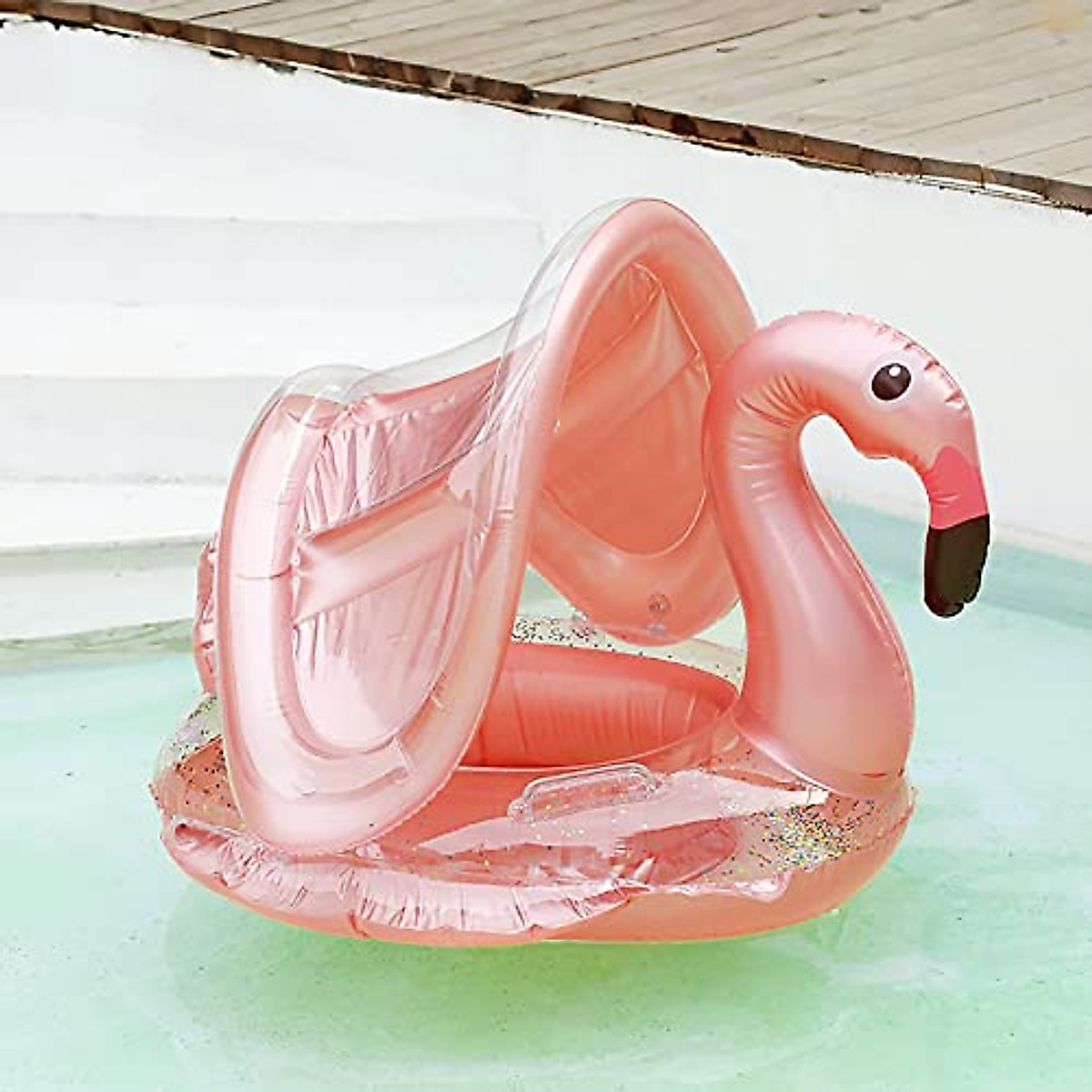 Ekoropshop Baby Pool Float with Canopy Inflatable Flamingo Swimming Pool Float Swimming Ring with Safety Seat for Kid 4-48 Months