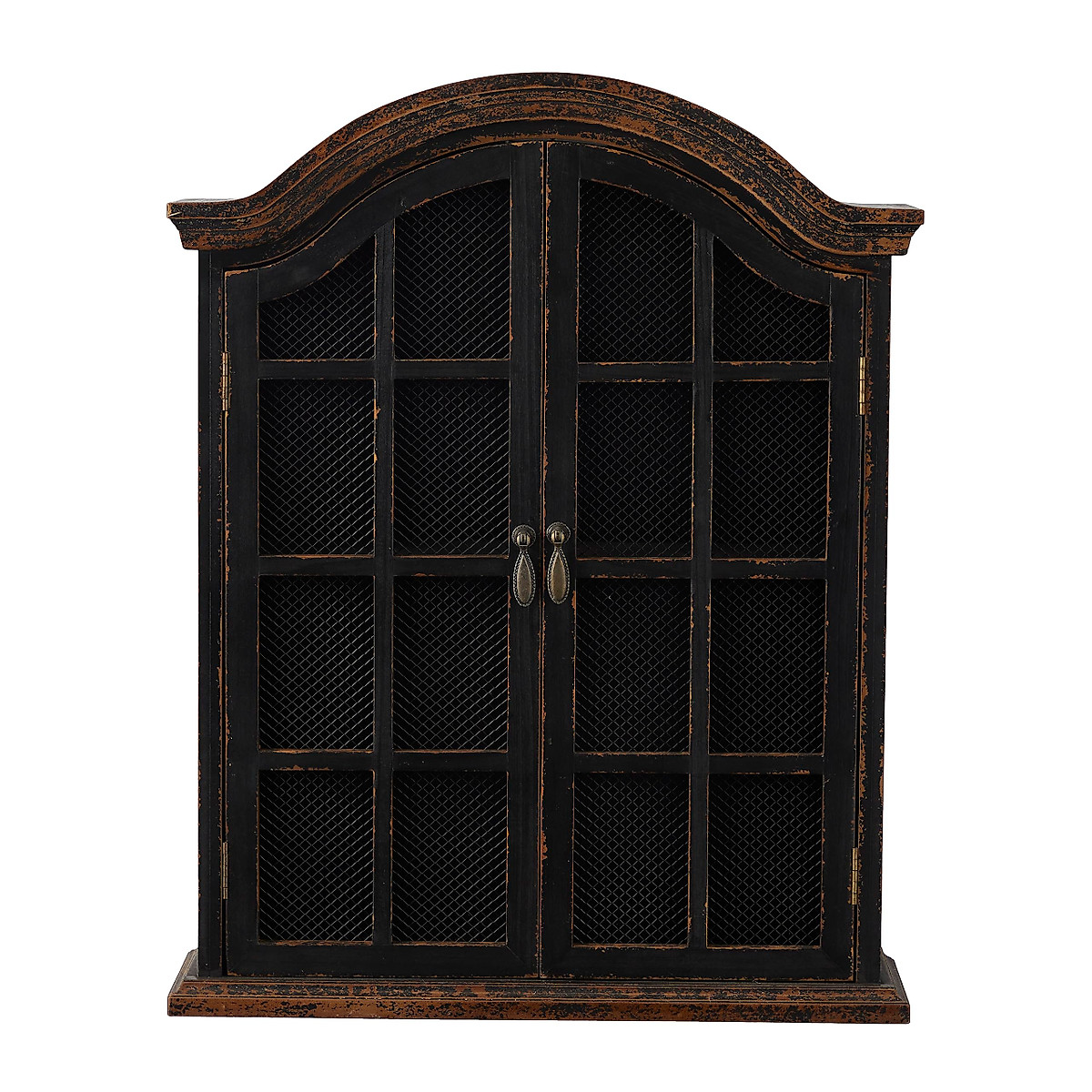 Deco 79 Wood Distressed 1 Shelf and 2 Doors Wall Shelf with Arched Shutter Doors, 22" x 8" x 28", Black
