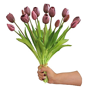 Aoivrb 5 PCS Fake Tulips Flowers PVC Real Touch Tulips Artificial Plastic Flower Fake Bouquet Table Arrangements Gift for Home Office Party Wedding Birthday Garden Store Decoration (Light PRURPLE)…
