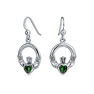 Friendship BFF Simulated Green Emerald CZ Heart Circle Irish Love Symbol Celtic Claddagh Dangle Earrings For Women Girlfriend Oxidized .925 Sterling Silver Fish Hook