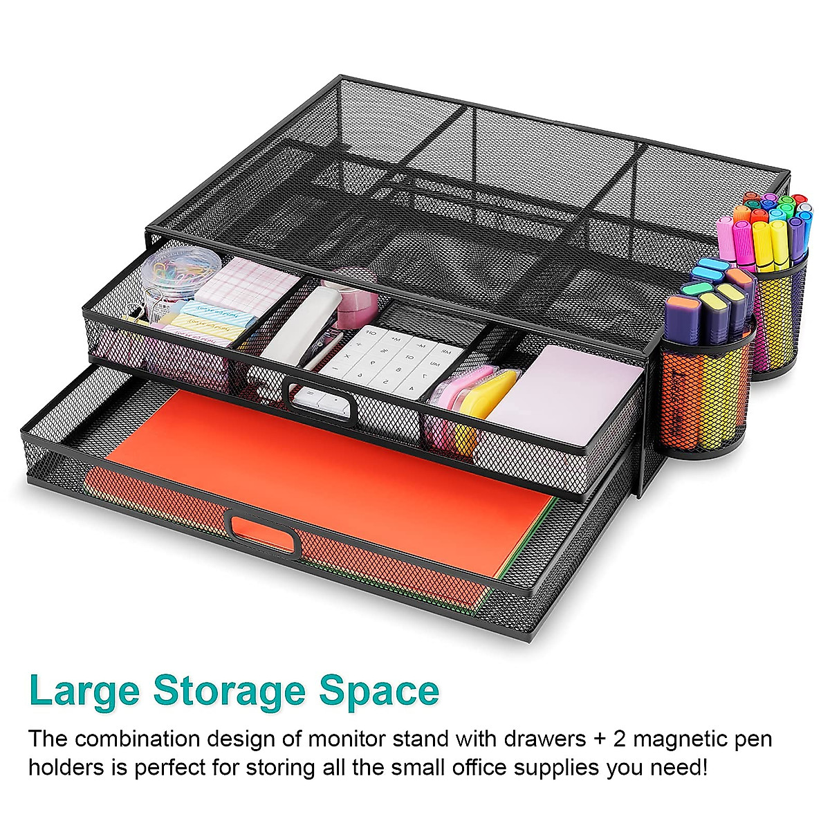 Monitor Stand with Drawer | Monitor Riser with Drawers and 2 Magnetic Pen Holder | Black Mesh Metal Desk Organizer for Computer, PC, Laptop, Printer, Notebook, iMac (Set of 3)
