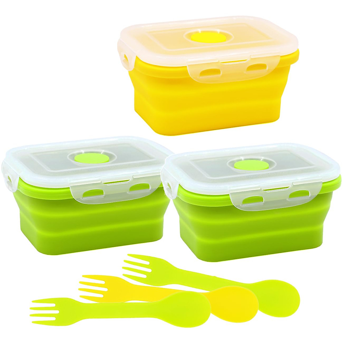 FUSMYE 3 PCS Collapsible Silicone Snack Containers Leak Proof, 11.8 oz Small Bento Box with Lids, Fruits Soups Food Storage For Kitchen, Camping, BPA Free, Microwavable