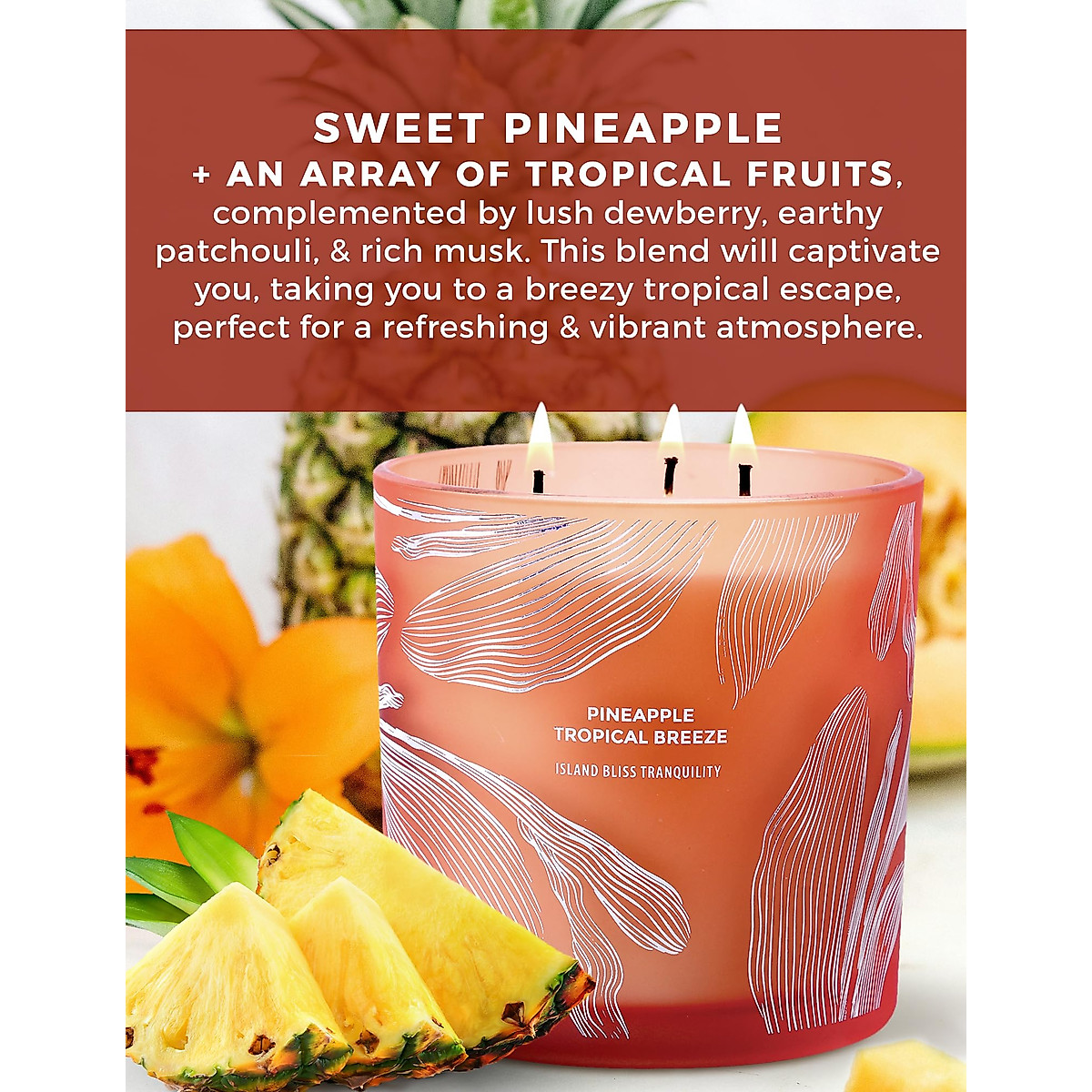 Pineapple Tropical Breeze 3 Wick Candle Large - Highly Scented Candle for Home 14.5 oz - Soy Candle - Home Fragrance Candles - Aromatherapy Relaxing Candle - Pineapple Paradise Candle for Men & Women