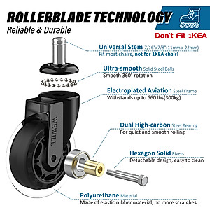 WEWILL Rollerblade Office Chair Wheels Replacement 99% Universal Fit Chair Casters(Set of 5) Heavy Duty Rubber Casters 3 INCH Smoothly & Quietly Safe for All Floor, Hardwood, Tile, Carpet