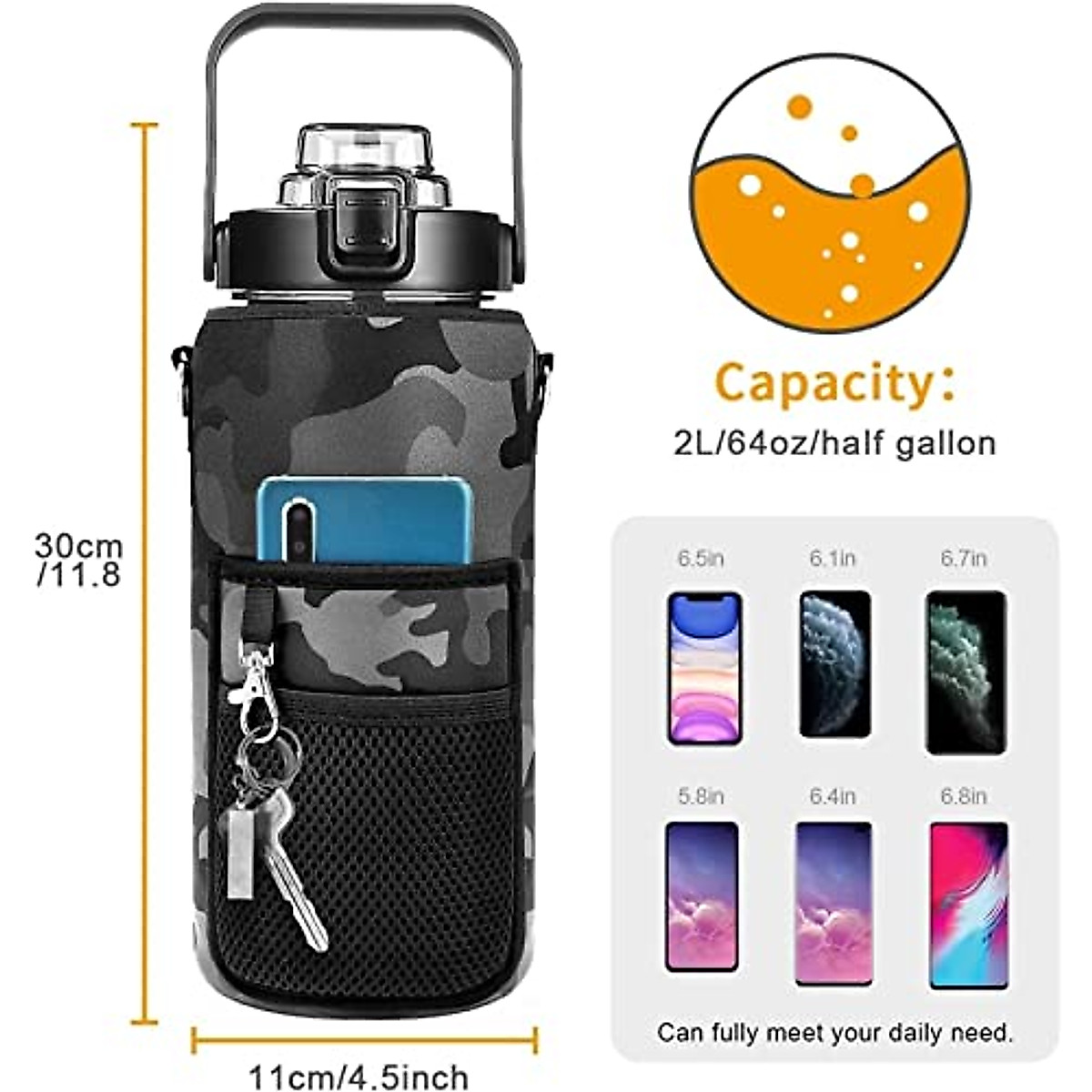 Rewfig Half Gallon Water Bottle with Sleeve & Strap 64 OZ Motivational Water Bottle with Straw & Time Marker to Drink Leakproof Tritan BPA Free Workout Gym Sport Water Jug, Sports Bottle