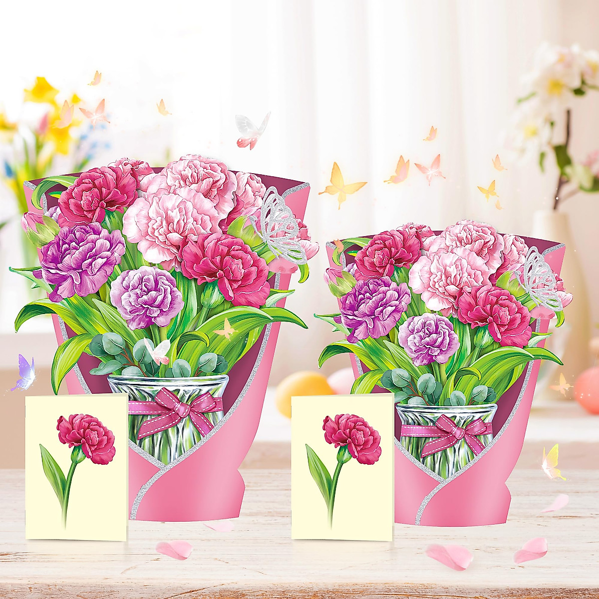 Airpark Pop Up Flower Cards, Beloved Carnation, 12inch Forever Flower Bouquet 3D Popup Greeting Cards with Note Card & Envelope for Birthday, Thank You Cards for Her Lover Friends
