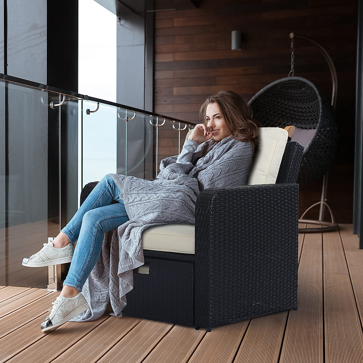 Wicker Outdoor Patio Sofa Chair: Rattan Convertible Patio Furniture Sets with Waterproof Thick Cushion Outdoor Furniture Set Comfortable Easy Assemble Patio Chairs for Outdoor Backyard