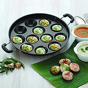 Non-Stick 12 Cavity Appam Patra Paniyarakkal,Nonstick cookware Appam Patra Paniyaram with Stainless Steel Without Lid 12 Cavity (Red with Handle)