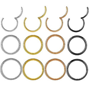 Funtopia 12 Pcs Hoop Nose Rings, 18g 316L Surgical Steel Hinged Nose Rings Hoop for Women Men, Septum Rings Cartilage Lip Rings Body Piercing Jewelry, Silver, Gold, Black, Rose Gold (7mm 8mm 9mm)