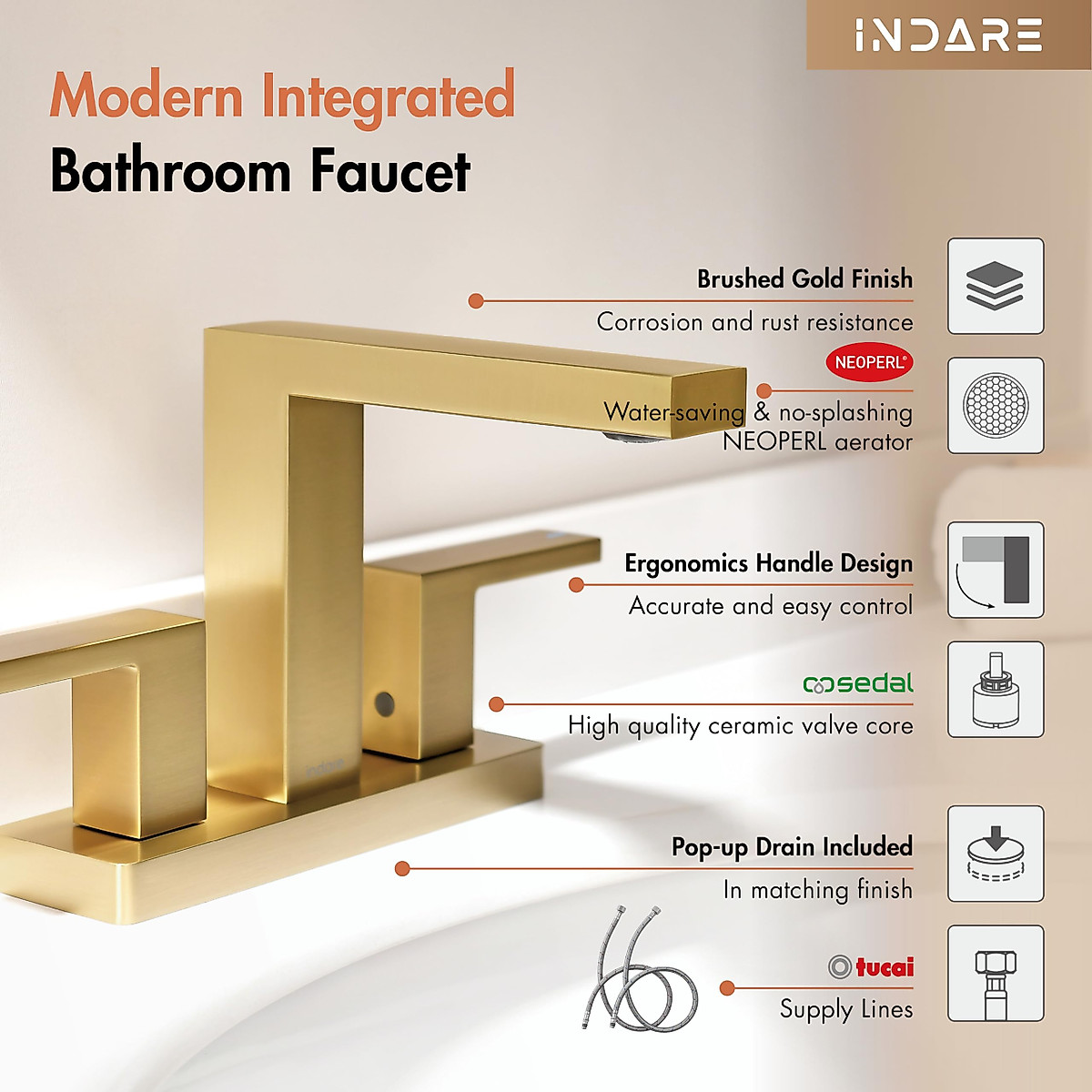 INDARE 2 Handle Centerset Bathroom Faucet， Gold Bathroom Faucets for Sink 3 Hole， 4-Inch Bathroom Sink Faucet， Bathroom Faucets with Pop-Up Drain & Supply Lines， Brushed Gold，110107-BG-1