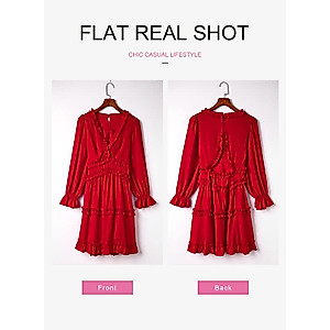 Dokotoo Womens Cute Summer Spring Casual Sexy Deep V Neck Ruffle Chiffon Lantern Long Sleeve Elegant Boho Hawaiian Flowy Mini Short Skirt Dresses for Women Party 2025 Red Small