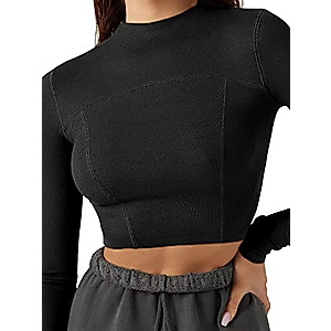 LASLULU Womens Cropped Long Sleeve Athletic Shirts Crop Tops Seamless Slim Fit Workout Yoga Sports Tops Pullover Outwear(Black Large)