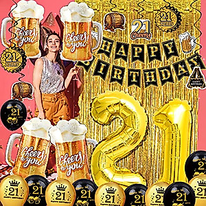 21st birthday decorations for him men - (60pcs) black gold party Banner, 40 Inch Gold Number Balloons,21st Sign Latex Balloon,Fringe Curtains and cheers to you Foil Balloons,Hanging Swirl,photo props