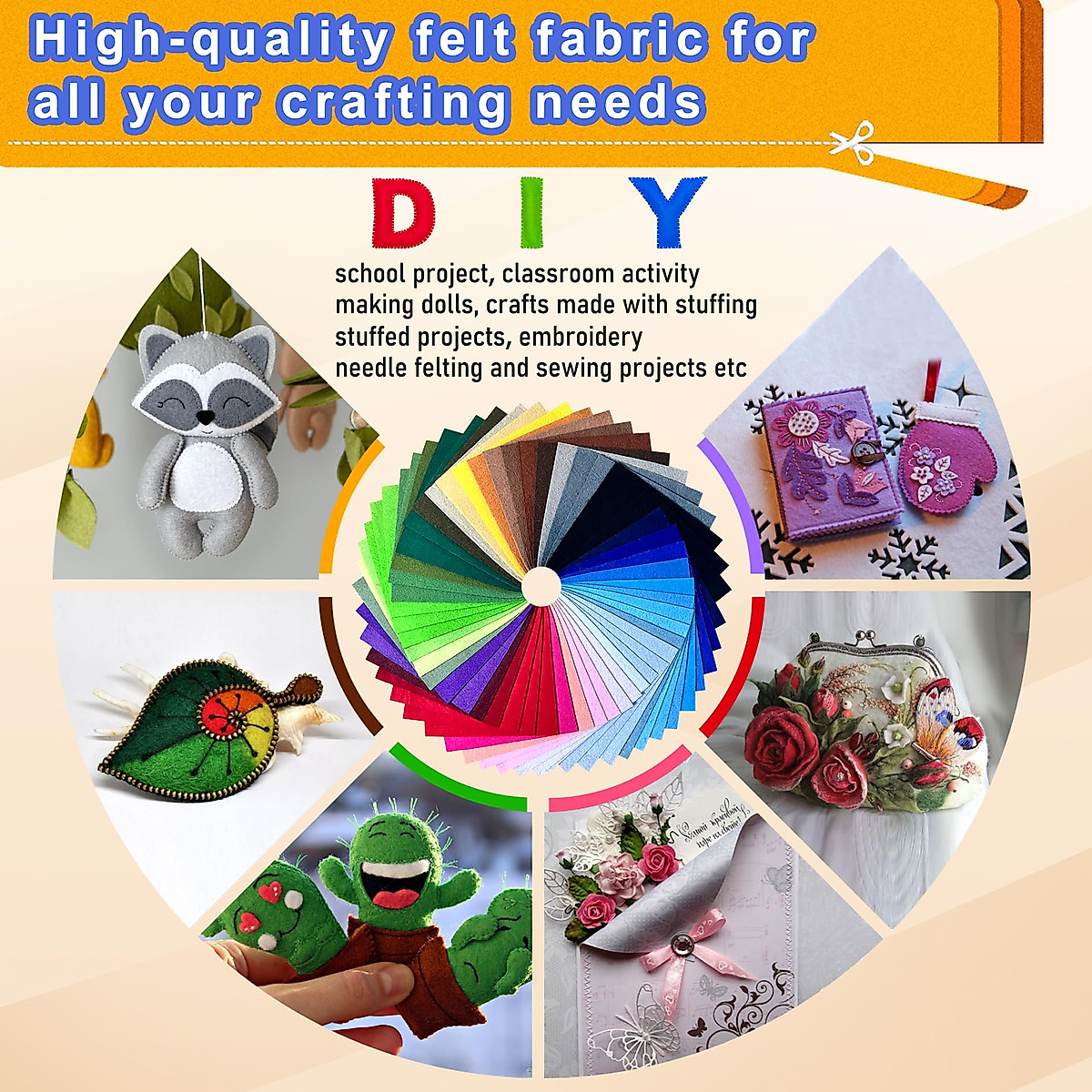 LISUBAN Felt Sheets, 52PCS Felt Fabric,1.4mm Felt, Soft Felt Squares, Colored Felt Sheets for Crafts, Suitable for School, Stuffed, Sewing Project Craft Felt (6 * 6inch-1.4mm)