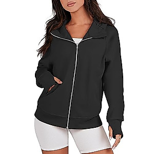 ANRABESS Women's Hoodies 2023 Fall Jacket Cropped Hooded Sweater Casual Long Sleeve Sweatshirts Full Zip Up Trendy Clothes Teen Girl Y2K Winter Cute Tops 1128heise-M Black