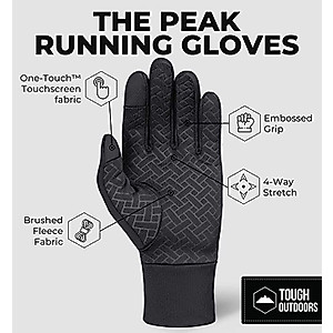 Tough Outdoors Running Gloves with Touch Screen - Black Winter Glove Liners for Texting, Cycling, Driving for Men & Women - Thin, Lightweight & Warm Cold Weather Thermal Sports Gloves