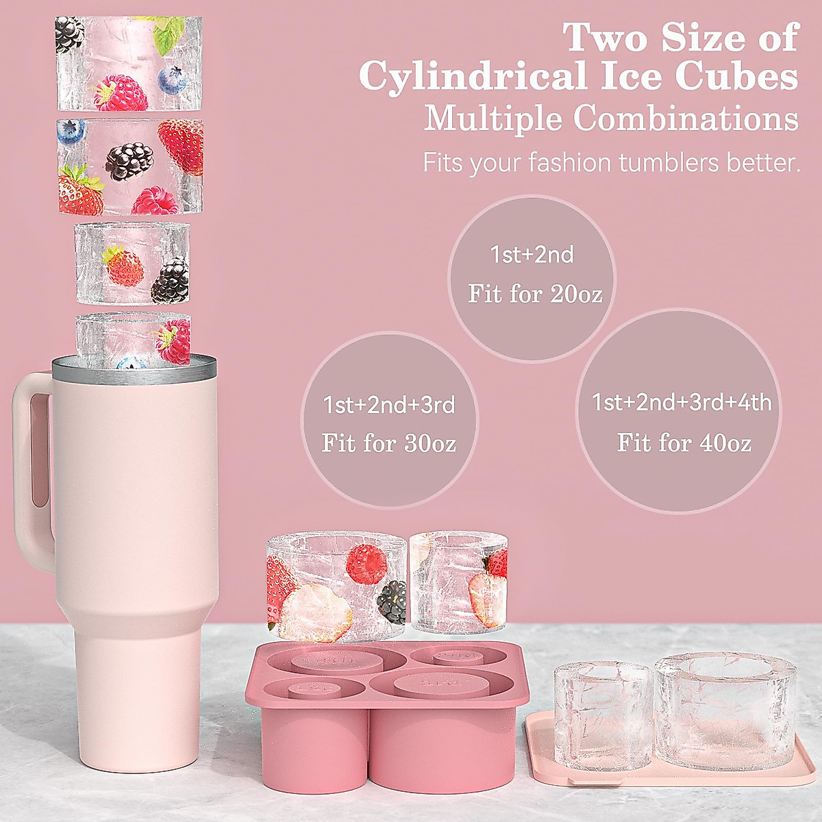 Sayrrame Ice Cube Tray for Stanley Cup, Silicone Ice Mold with Lid for 40oz 30oz 20oz 14oz Tumbler, 4 Pcs Hollow Cylinder Ice Maker for Chilling Cocktails, Whiskey, Drinks Coffee (Pink)