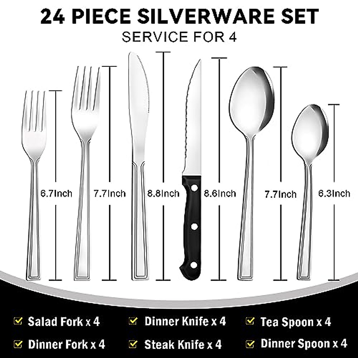 24-Piece Silverware Set with Steak Knives, Funnydin Forks and Spoons Silverware Set for 4, Food-Grade Stainless Steel Flatware Cutlery Set, Utensil Sets for Home Kitchen Restaurant, Dishwasher Safe