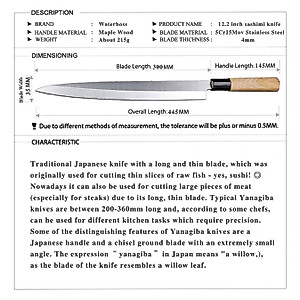 LIUZHANGYU Waterboss,Japanese Sushi Chef Knife Salmon Knife Slicer Razor Sharp Sashimi Watermelon Knives, 5Cr15mov Stainless Steel Sashimi Yanagiba Knife, Maple Handle, 11.8inch (300mm)