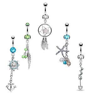 FIBO STEEL 9-10 Pcs Dangle Belly Button Rings for Women 316L Surgical Steel Curved Navel Barbell Body Jewelry Piercing