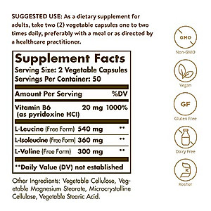 Solgar BCAA Plus, 100 Vegetable Capsules - Muscle & Exercise Support - Free Form Branched Chain Amino Acids with Vitamin B6 for Absorption - Non-GMO, Vegan, Gluten & Dairy Free, Kosher - 50 Servings
