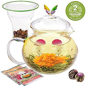 Teabloom Wings of Love Teapot - 40 oz. Borosilicate Glass Butterfly Teapot, Loose Leaf Tea Glass Infuser - 2 Free Blooming Tea Flowers included