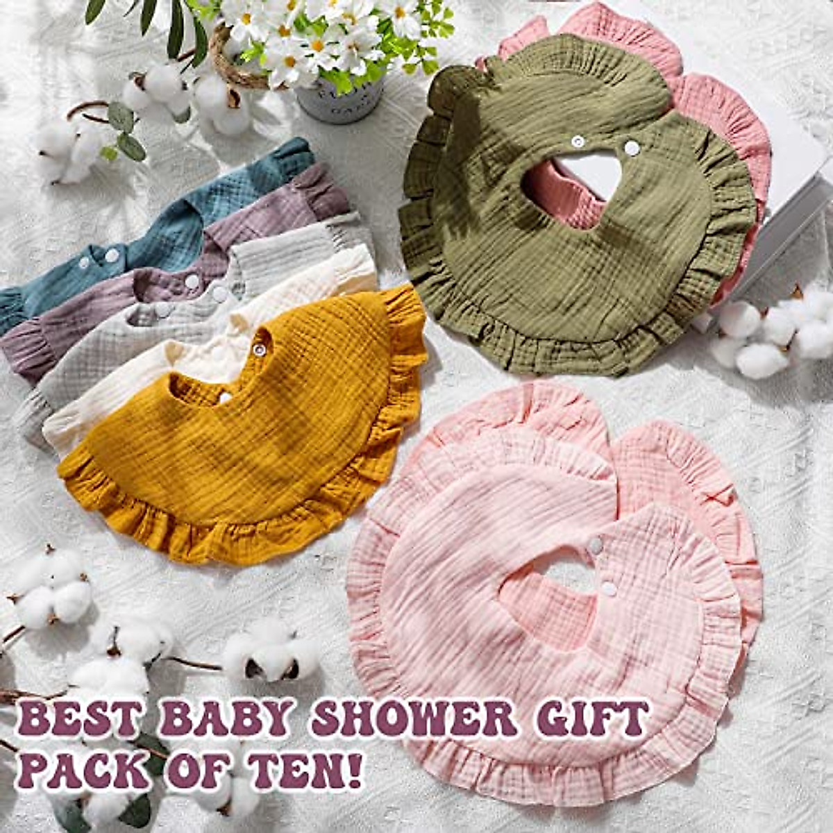 12 Pcs 360° Rotate Muslin Bibs Teething Absorbent Drool Bibs 4 Layers Adjustable Snap Cotton Newborn Bandana Bibs Suitable for over 6 Months