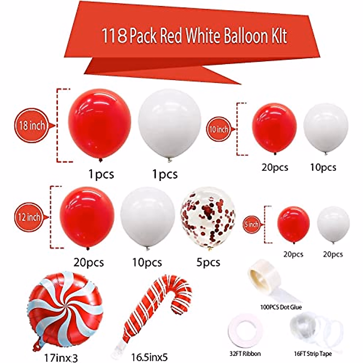 Christmas Balloon Garland Arch Kit - 118 Pieces Red White Confetti Latex Balloons with Candy Cane Balloons for Holiday Christmas Candy Themed Birthday Baby Shower Wedding Party Decorations