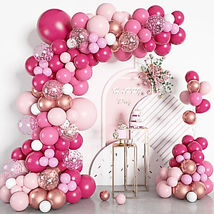 156Pcs Pink Balloon Garland Arch Kit, Hot Pink Metallic Rose Gold Chrome Confetti Balloons for Wedding Women Birthday Princess Theme Bridal Baby Shower Mother's Valentine's Day Party Decorations