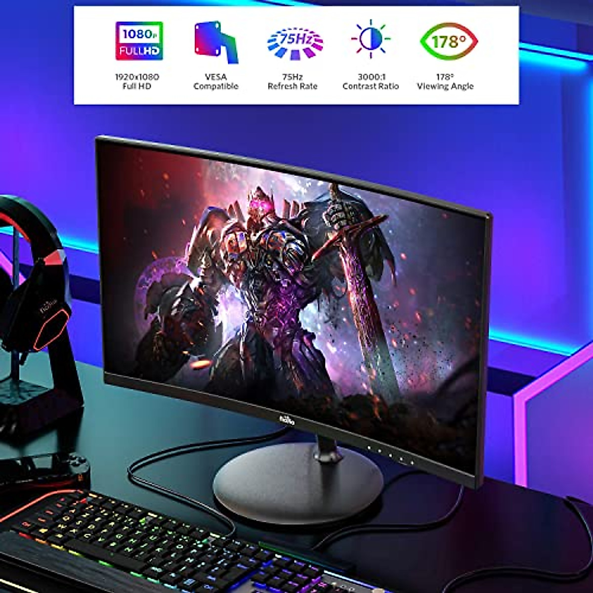Fiodio 24" Curved 75Hz Refresh Rate Computer Monitor Full HD 1080P HDMI VGA Ports with Speakers, VESA Wall Mount Ready (HDMI Cable Included)