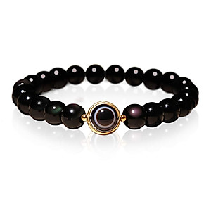 L&C Feng Shui Black Obsidian Wealth Bracelet - 8MM 10MM Women Mens Bracelets Natural Black Obsidian Crystal Evil Eye Agate Bring Luck Prosperity Elastic Stretch Beaded Bracelet for Woman Men (8MM)