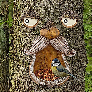 Juegoal Tree Face Decor Bird Feeder Outdoor, Eyes Glow in Dark Fun Old Man Tree Hugger Sculpture Yard Art Garden Lawn Ornament Decoration
