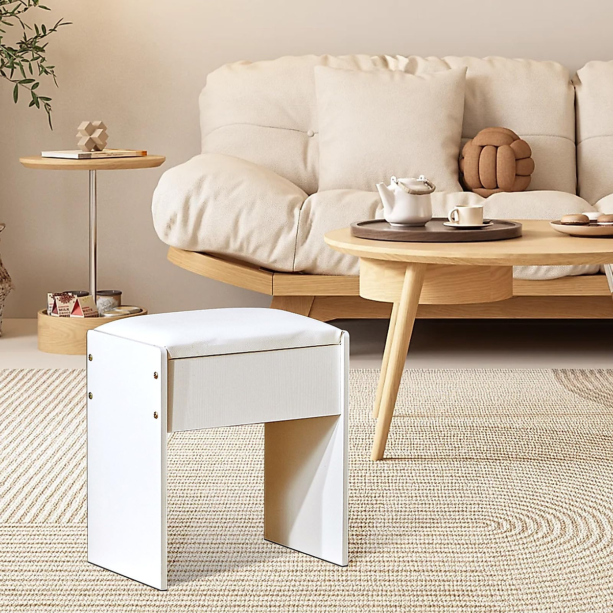 Dradaomull White Cushion Vanity Stool, Modern Foot Stool Vanity Benches with Upholstered Seat MDF Wood for Entryway, Bedroom, Patio