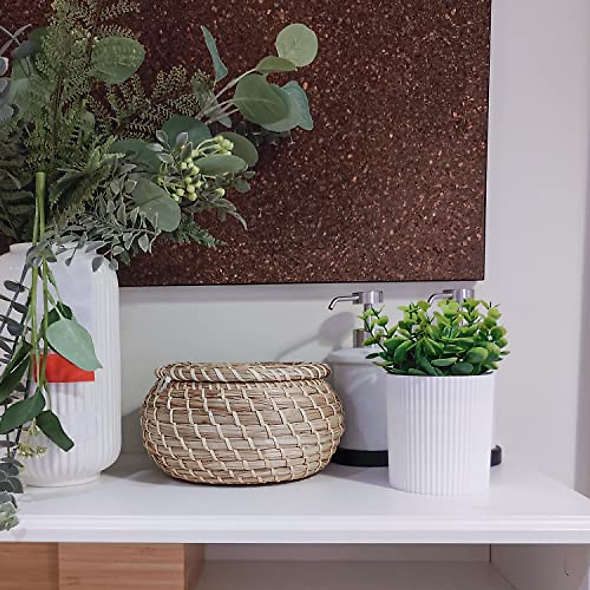 Bathroom Canister, Bathroom Storage Organizer For Cotton Ball, Bath Salts, Cotton Rounds,Floss Picks, Hair Clips, Apothecary Jars For Vanity Makeup Organizer, Cute Artificial Plants Design As Perfect Bathroom Decoration & Accessories (White)