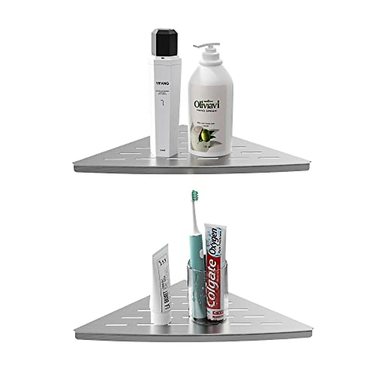 Qeke Corner Shower Shelf Brushed Nickel, 304 Stainless Steel 11.5” Recessed Corner Shelf Bathroom for Tiled Wall, Floating Shower Shelves Shampoo Holder, No Drilling, 2 Pack