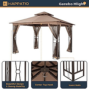 HAPPATIO 10' X 12' Patio Gazebo with Ventilation Double Roof，Outdoor Gazebo with Mosquito Netting for Lawn, Garden (Light Brown)