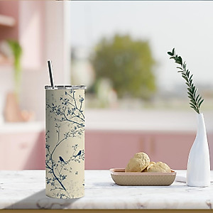 Medpol Flower and bird tumbler with lid and straw 20 oz insulated tumbler cups Minimally printed flower and bird insulated travel coffee mugs for women cute sippy cups stainless insulated travel cups