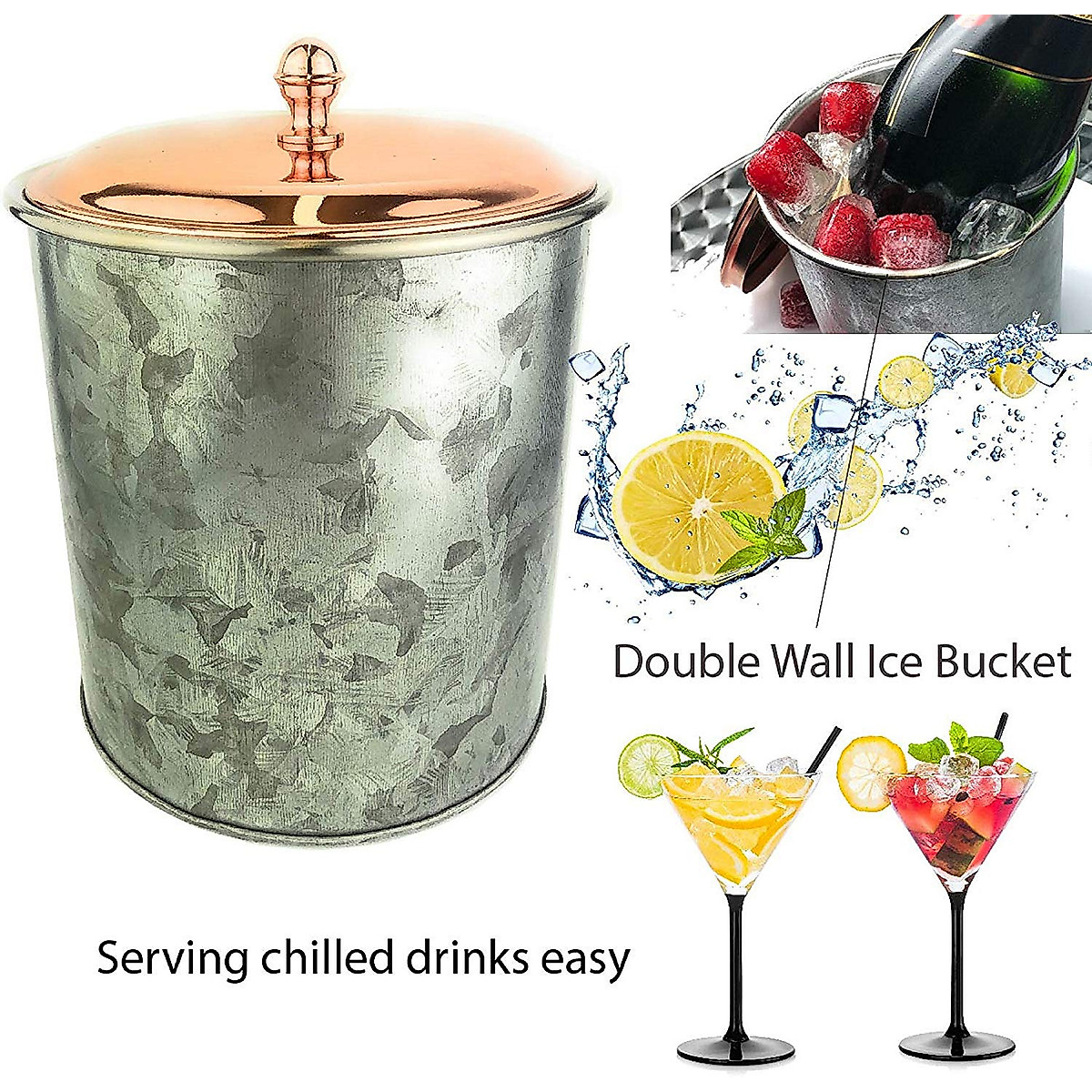 Galrose Galvanized Iron Insulated Ice Bucket – Rose Gold Lid, 2 Liter Stainless Steel Double Wall 5.5" x 6” Rustic Wine Chiller or Champagne Bucket. Unique 6th Iron Anniversary or Birthday Gift