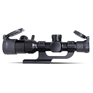 Monstrum 1-4x20 Rifle Scope with Rangefinder Reticle | ZR250 H-Series Offset Scope Mount | Monstrum Flip Up Lens Cover Set | Bundle